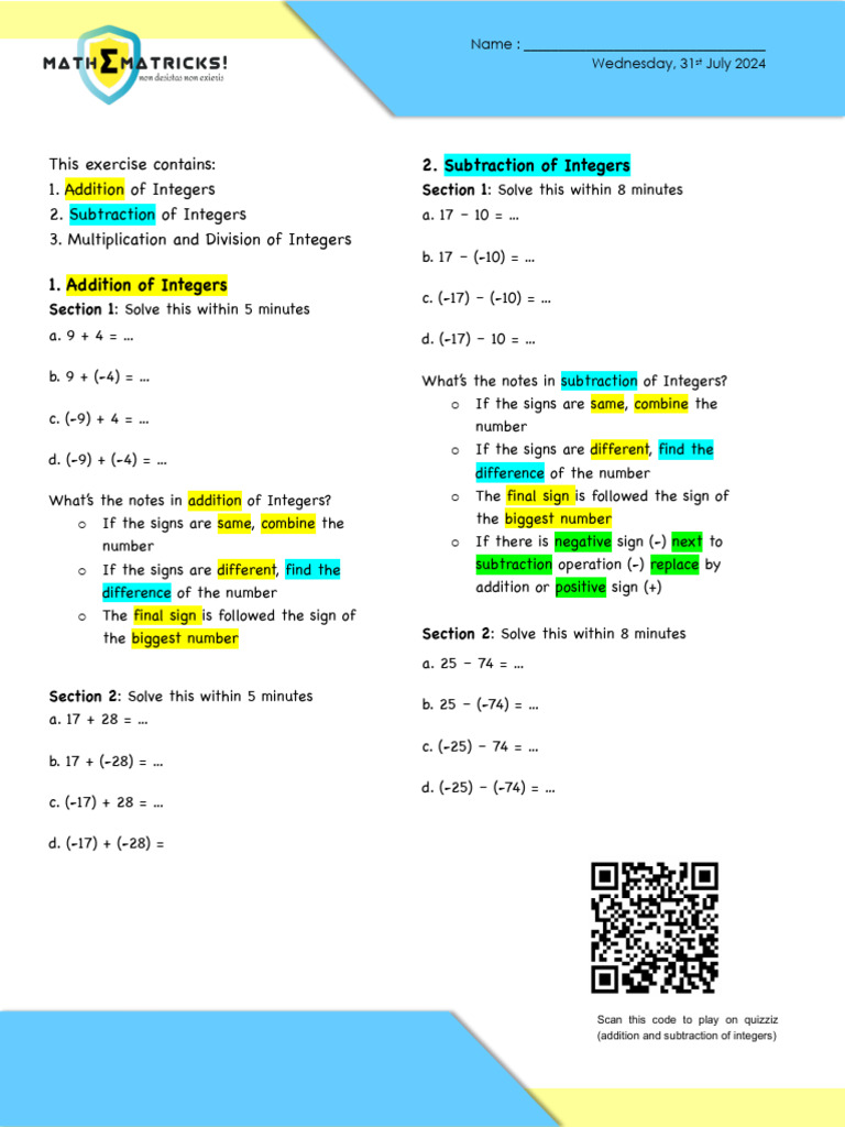 G7 - Integers Add, Sub, Mul, Div | PDF