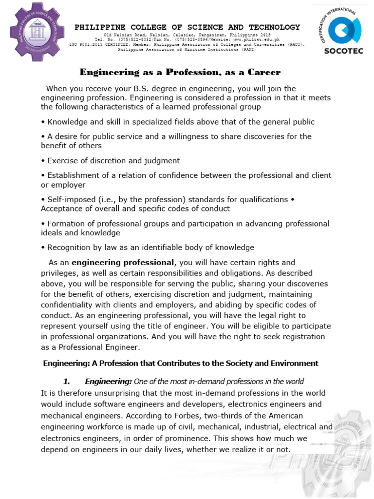 Module 2. Engineering As A Profession As A Career MEO | PDF
