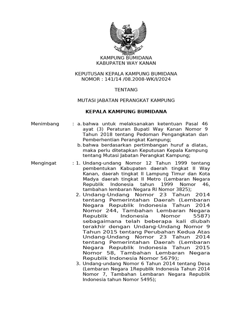 Contoh SK Mutasi Jabatan Perangkat Fix | PDF