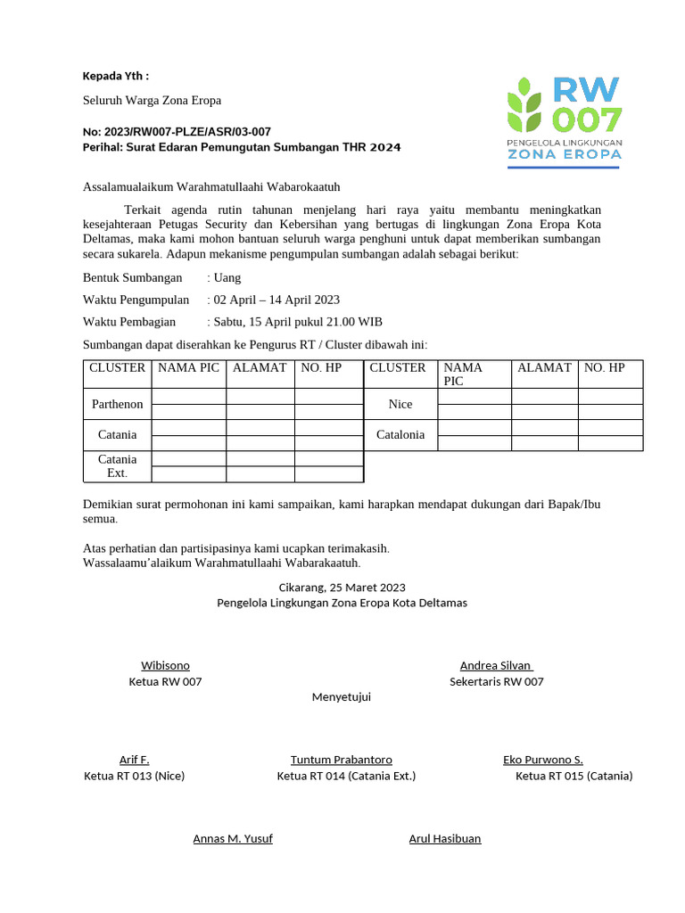 Surat Edaran Pemungutan Sumbangan THR 2024 | PDF