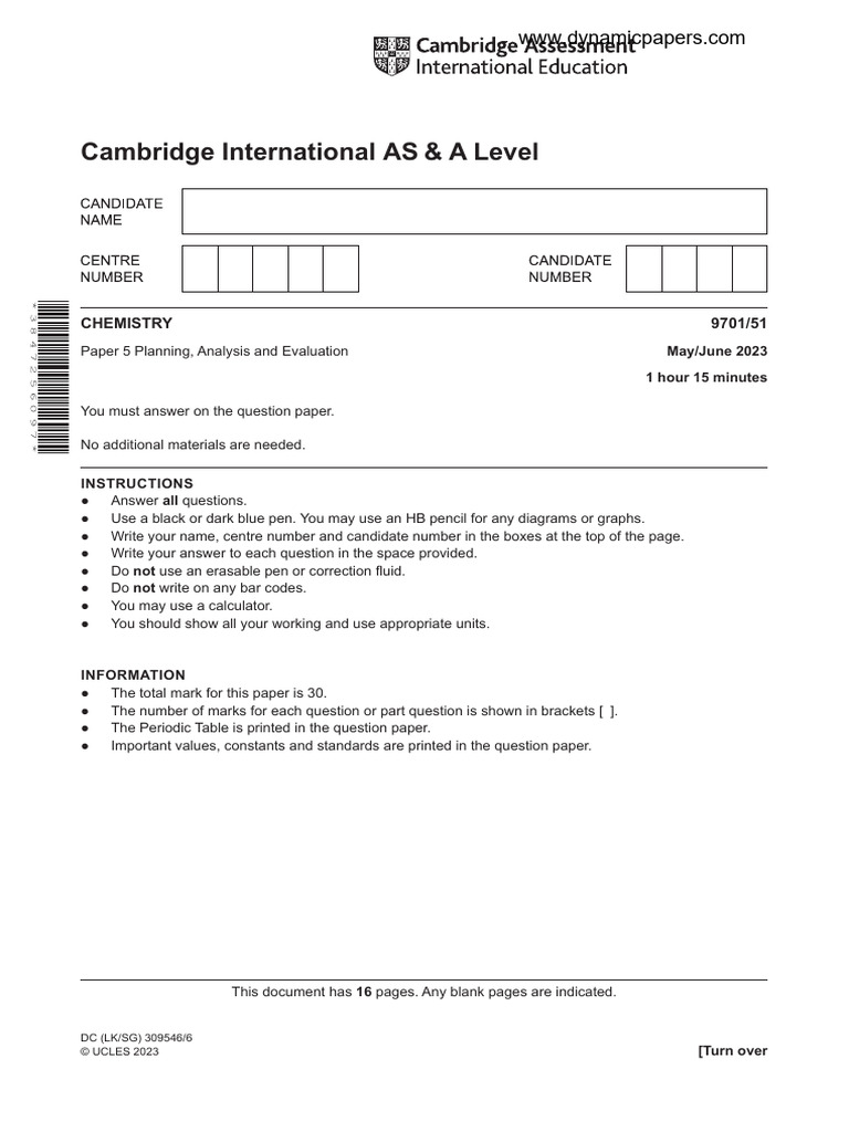 Cambridge International AS & A Level: CHEMISTRY 9701/51 | PDF