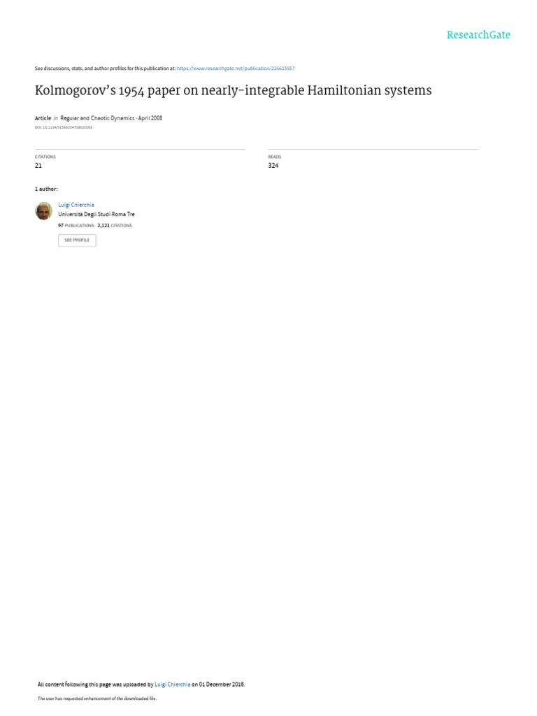 Kolmogorovs 1954 Paper On Nearly-Integrable Hamil | PDF