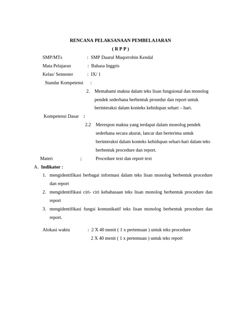 RPP Procedure Text Kelas 9 | PDF