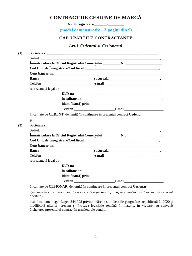 Demo Contract Cesiune Marca | PDF