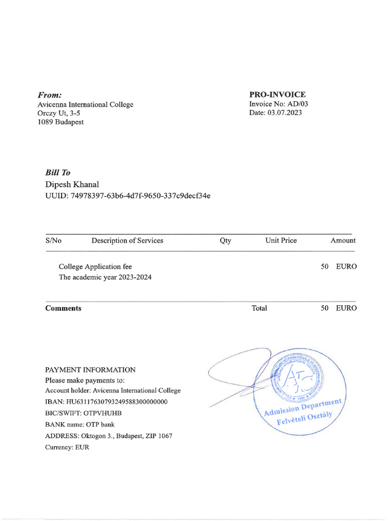 Pre-Invoice For Application Fee | PDF