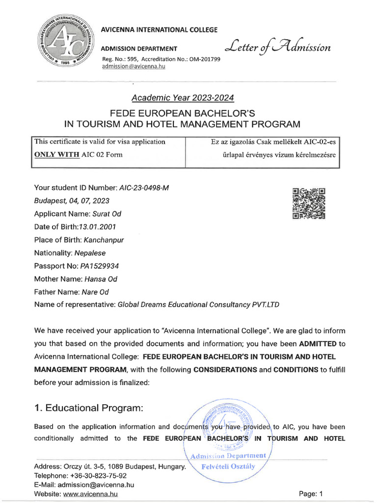 AIC Admission Letter 2023-2024 (Surat Od) | PDF