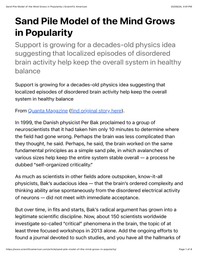 Sand Pile Model of The Mind Grows in Popularity - Scientific American | PDF
