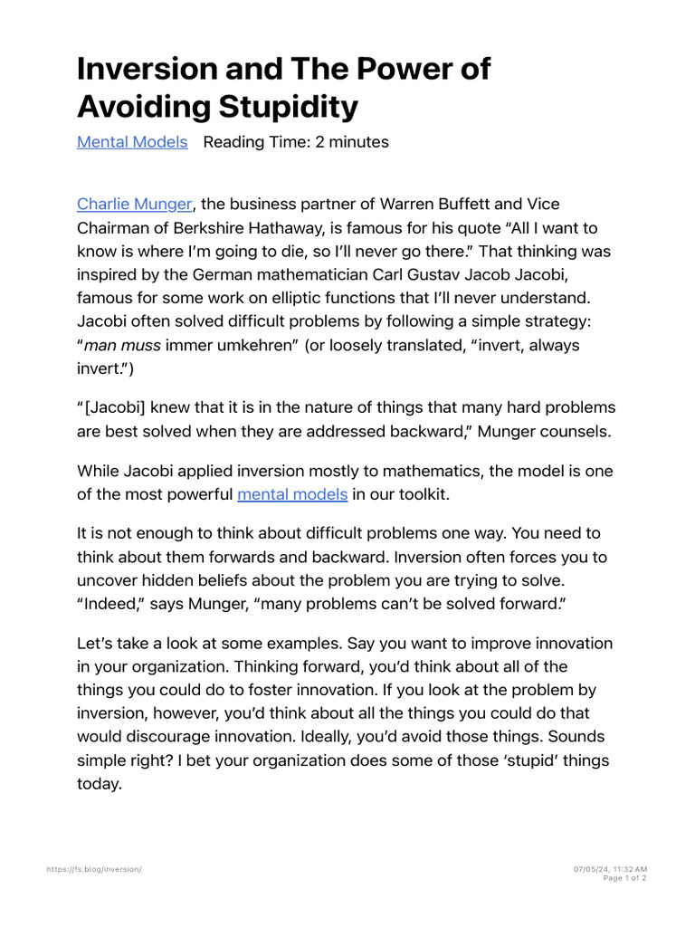 Invert Always Invert (Inversion - The Power of Avoiding Stupidity) | PDF