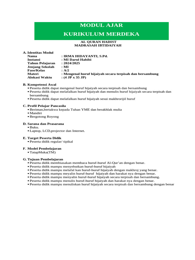 Modul Ajar Qurdis Kelas 2 Materi Huruf Hijaiyah | PDF