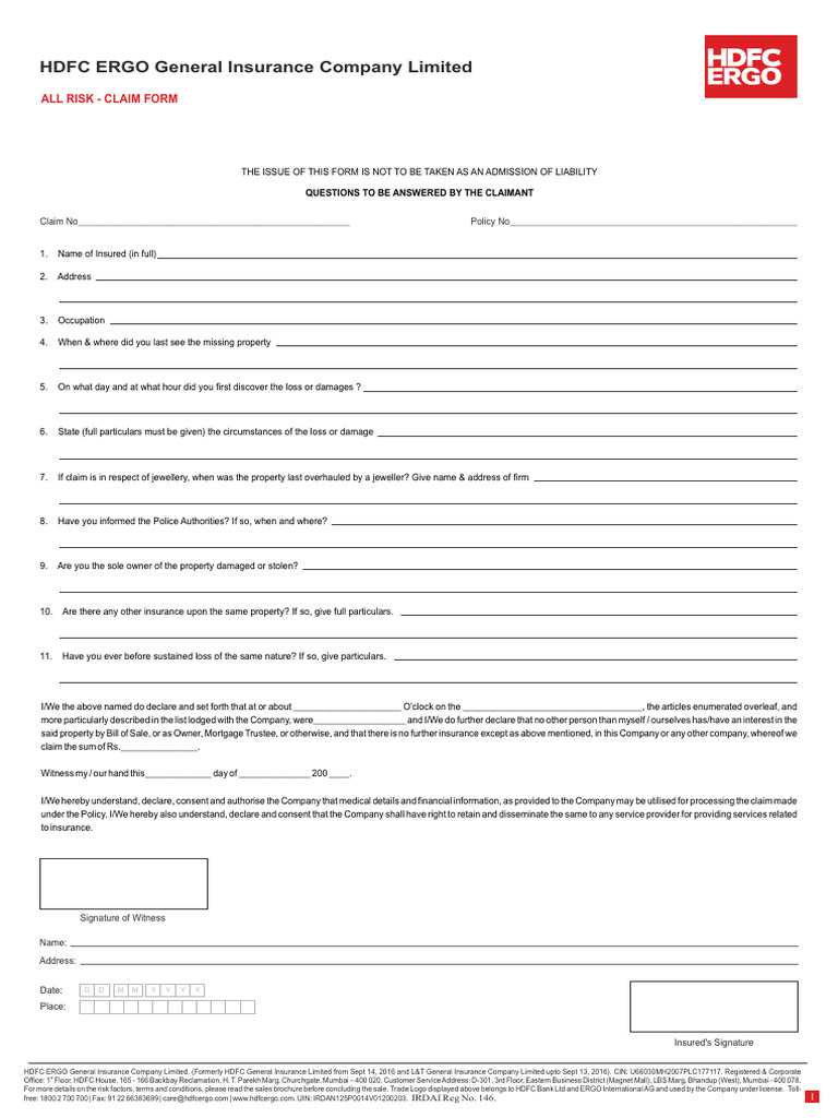 Industrial All Risk Claim Form | PDF