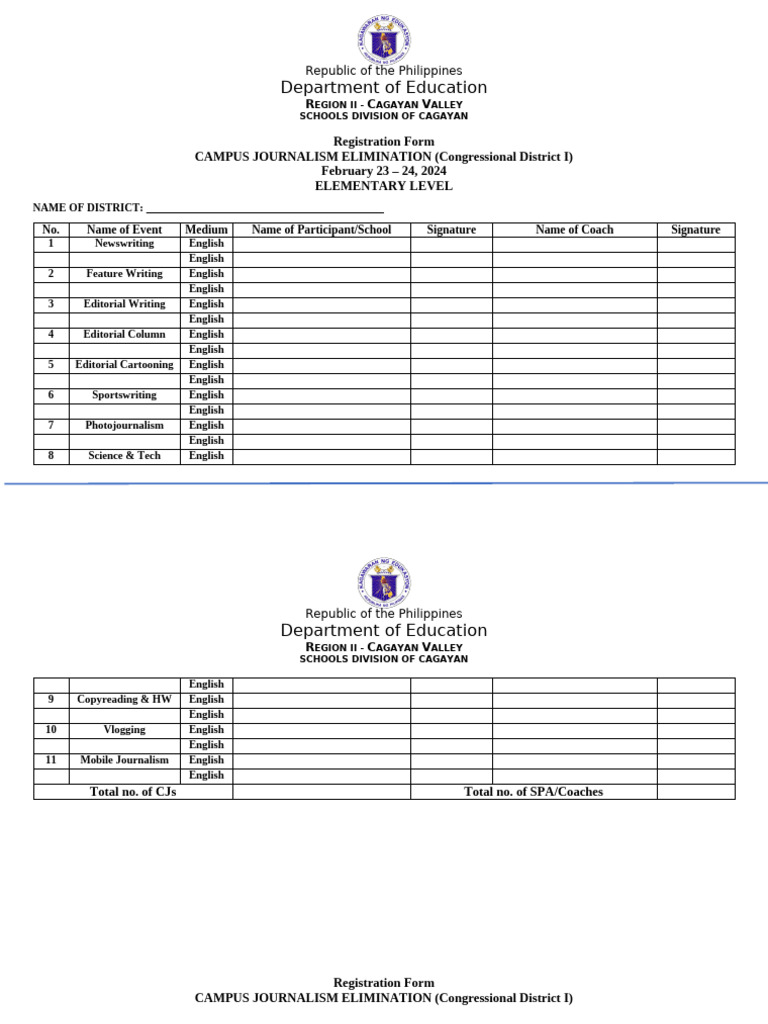 Elem Registration Form For CD1 Journaltmpics 2024 | PDF