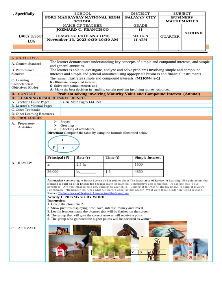 Lesson Plan-Cot 1 in Business Mathematics November 13, 2023 | PDF