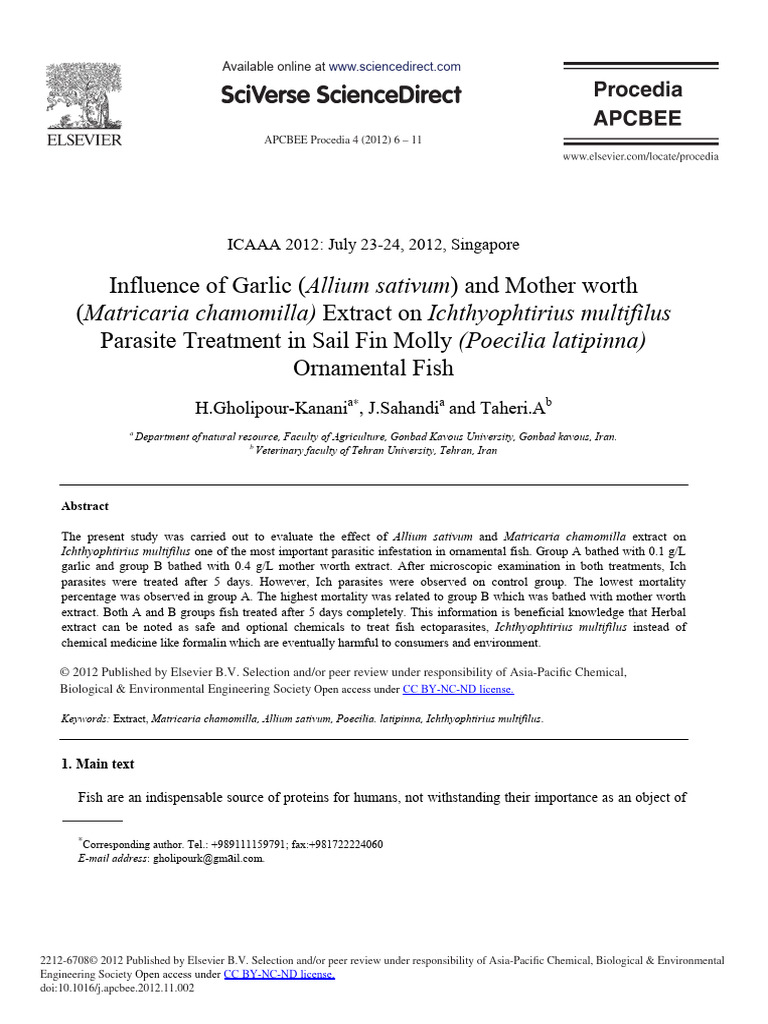 Influence of Garlic (Allium Sativum) and Mother Worth (Matricaria ...