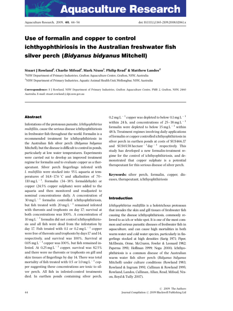 Use of Formalin and Copper To Control Ichthyophthiriosis in The ...