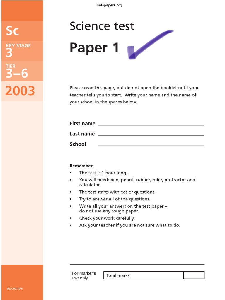 KS3 Science 2003 Paper 1 Level 3-6 | PDF