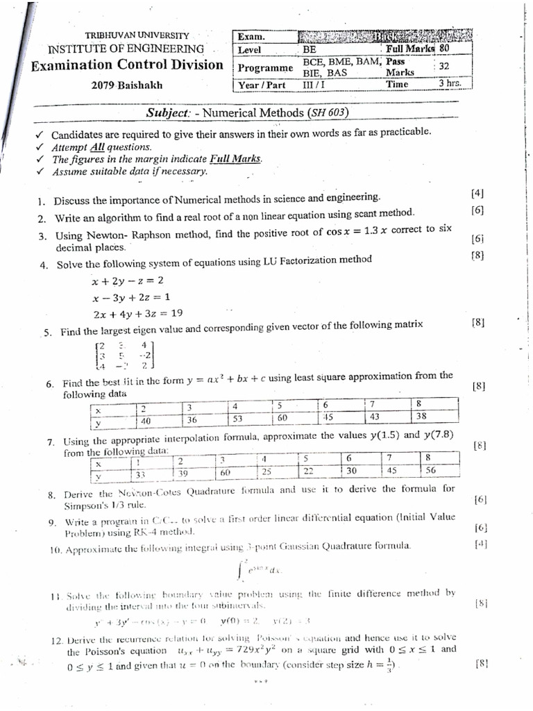 Numerical Methods Question Bank | PDF