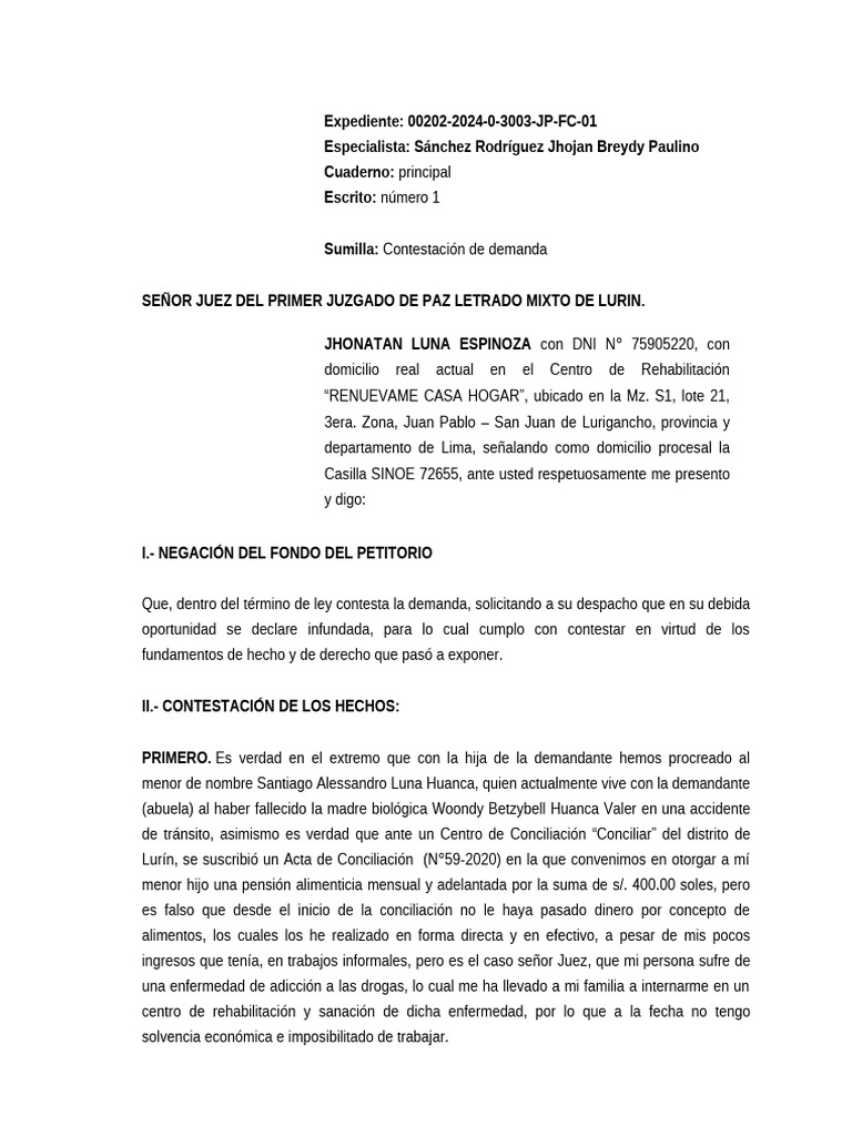 Contestación Demanda Luna Espinoza | PDF