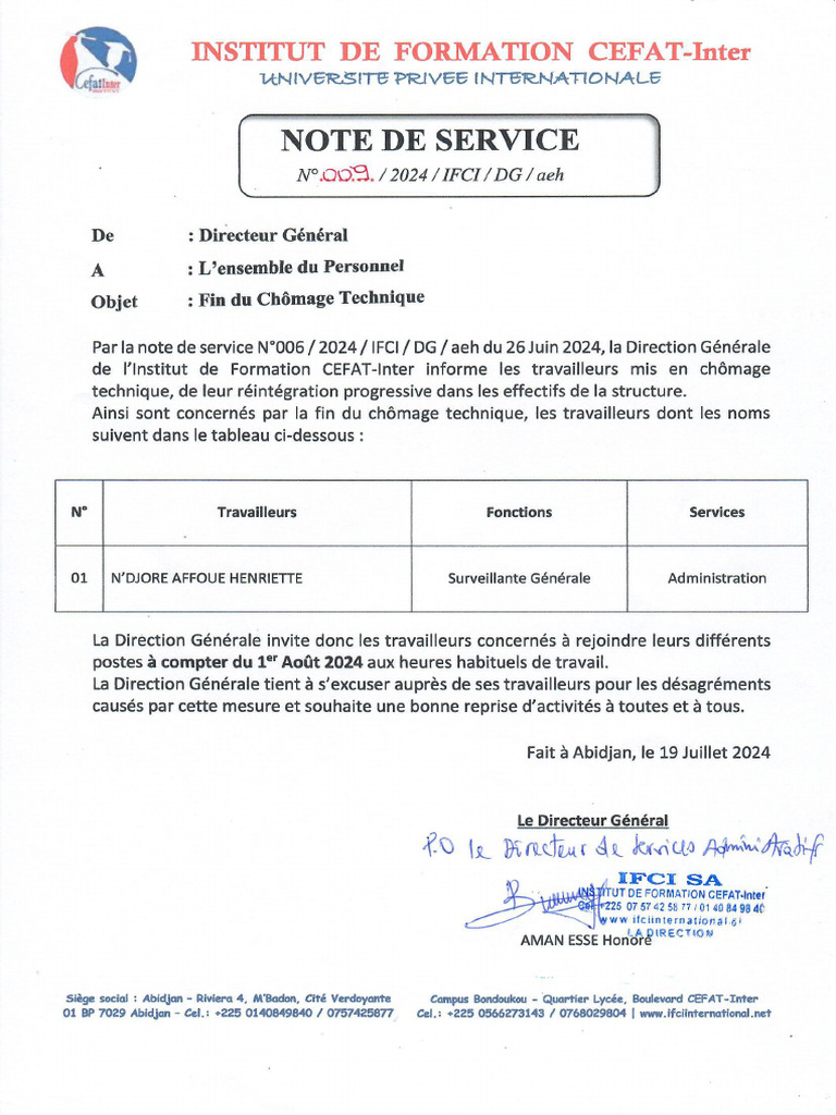 Note de Services 009 | PDF