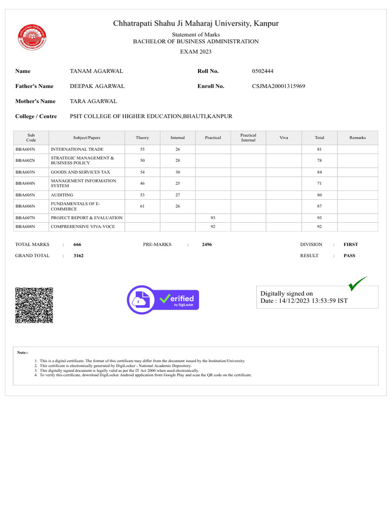 6th Sem Marksheet | PDF