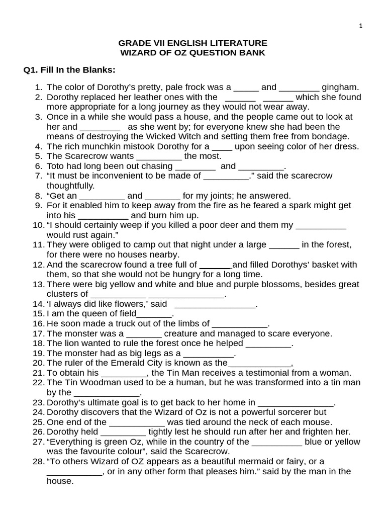 Grade 7 Lit Question Bank | PDF | Land Of Oz | Dorothy Gale