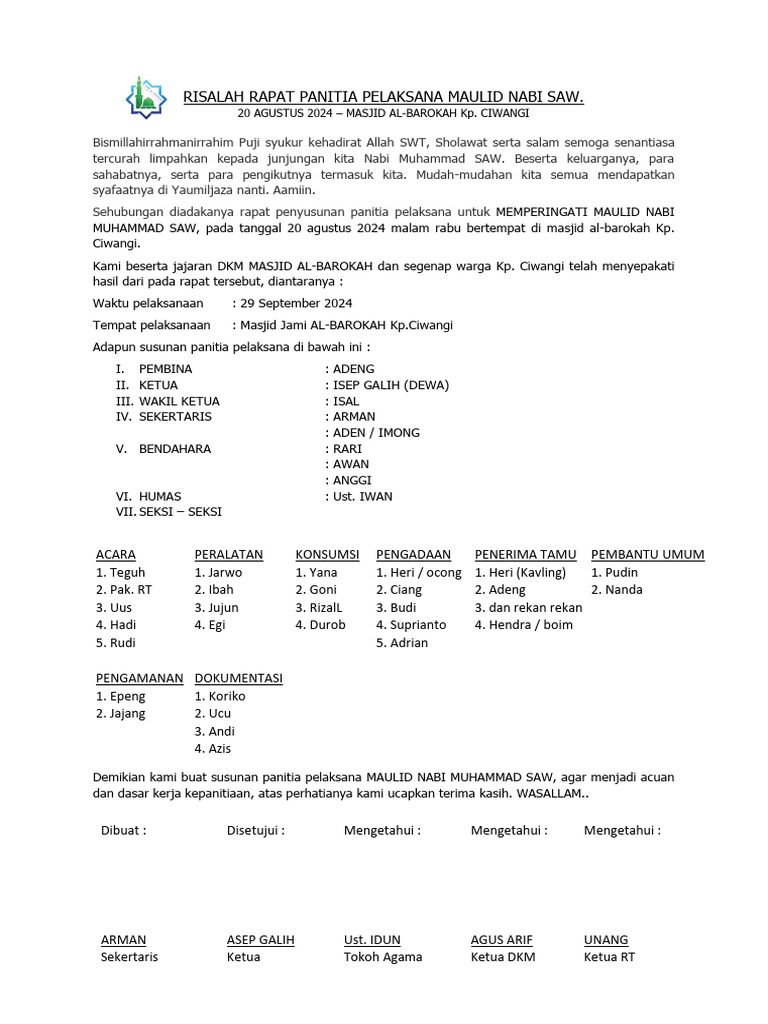 2024-08-24 Risalah Rapat Dan Daftar Hadir Maulid Nabi Saw | PDF