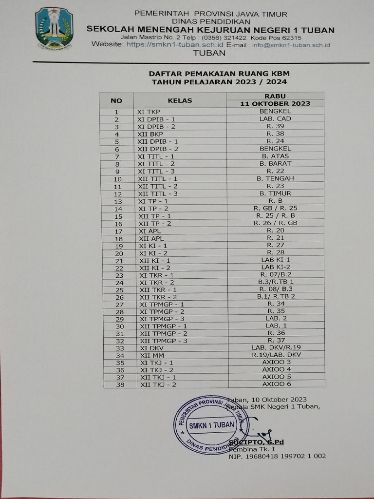Daftar Pemakaian Ruang KBM 2023-2024 | PDF