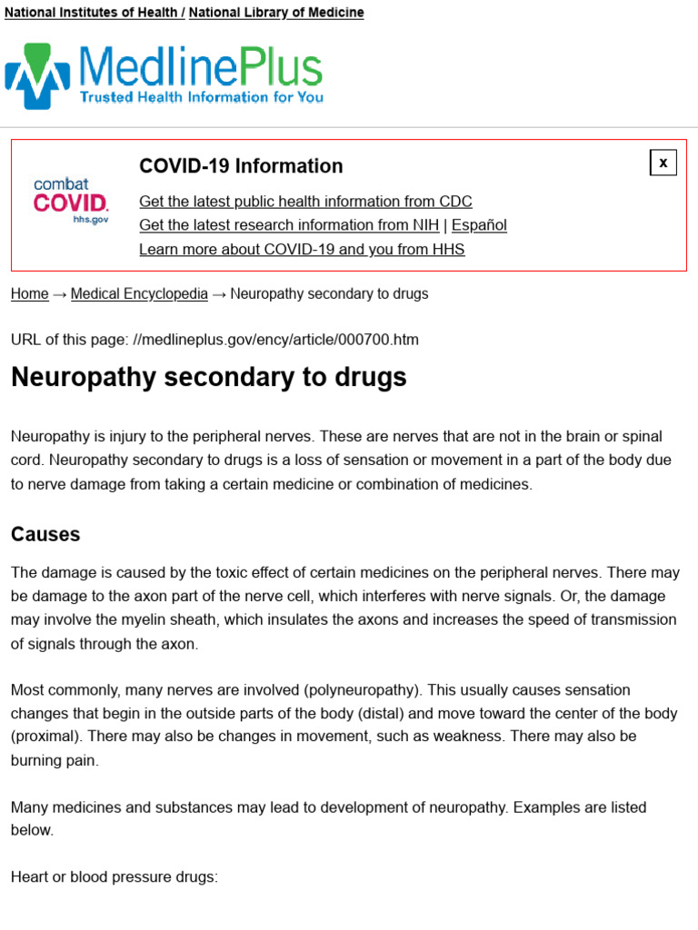 Neuropathy Secondary To Drugs - MedlinePlus Medical Encyclopedia | PDF ...