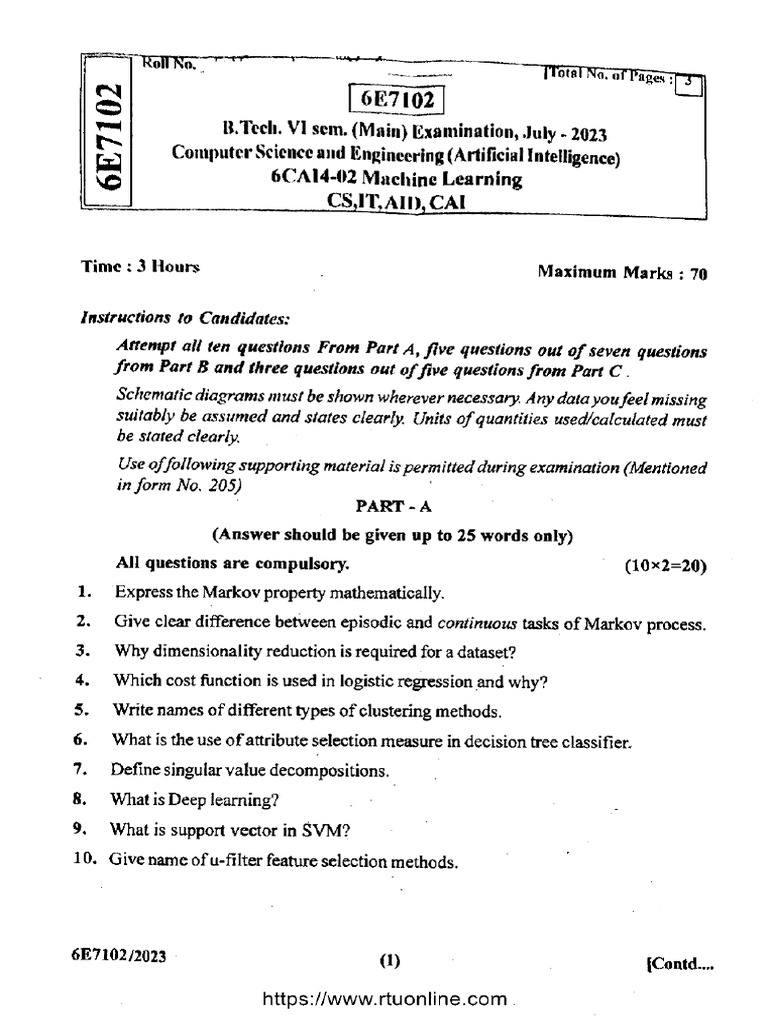 Btech Cai Cs It Aid Cai 6 Sem Machine Learning 6e7102 Jul 2023 | PDF