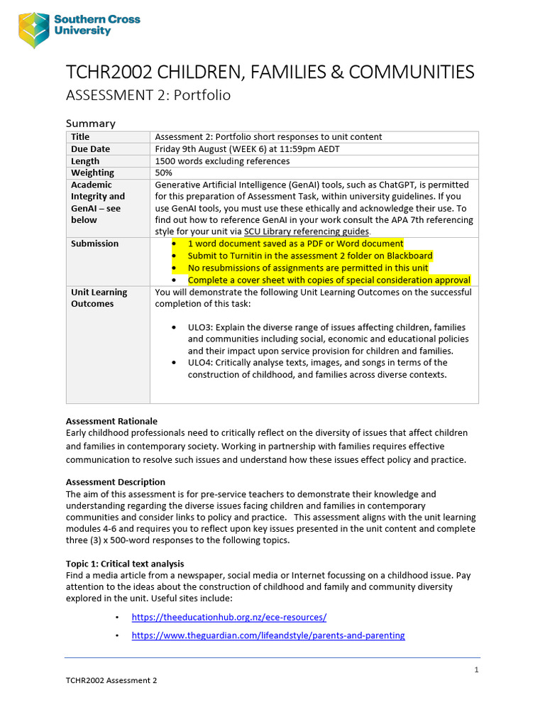 TCHR2002 Assessment 2 Portfolio T3 2024 | PDF