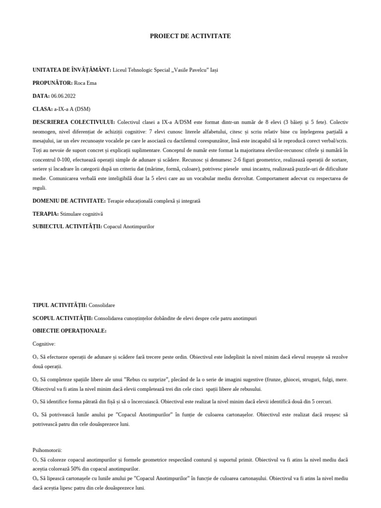 PROIECT DE ACTIVITATE emaa | PDF