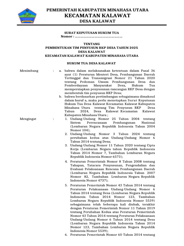 SK Hukum Tua Tentang Pembentukan Tim Penyusun RKPDes 2025 | PDF