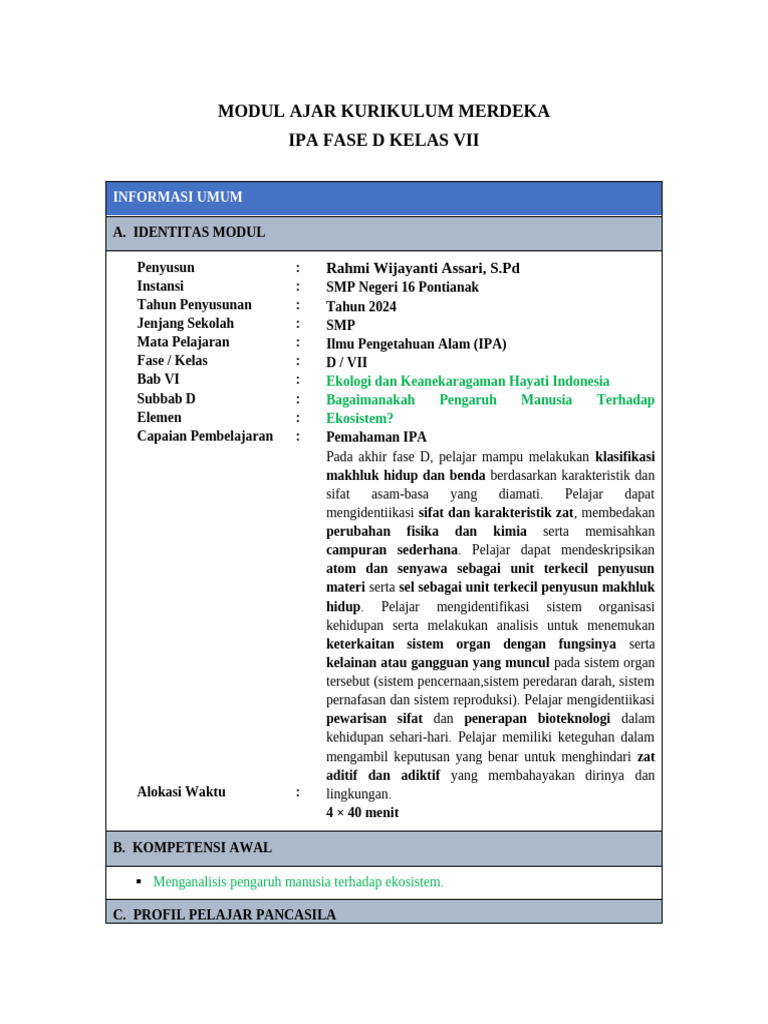 Modul Ajar Kurikulum Merdeka - Adiwiyata - Rahmi Wijayanti Assari | PDF