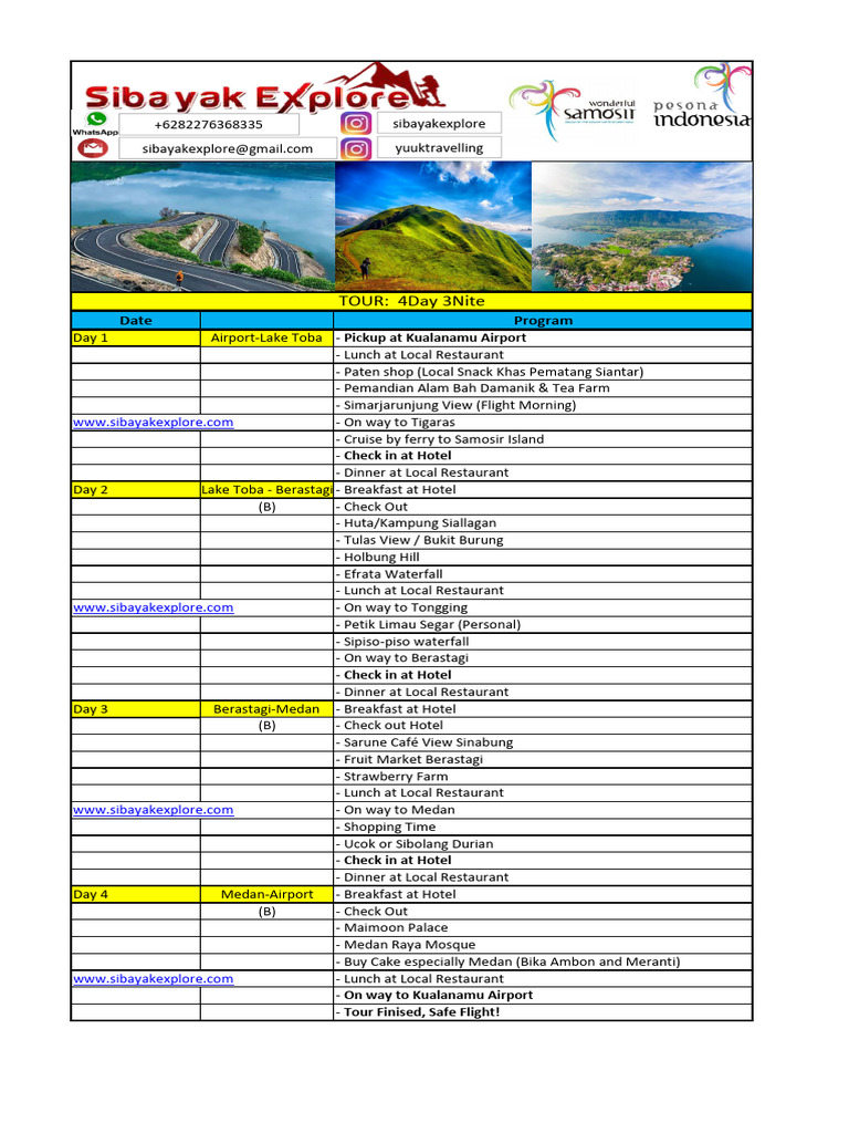 MEDAN-LAKE TOBA 4D3N Itinerary | PDF