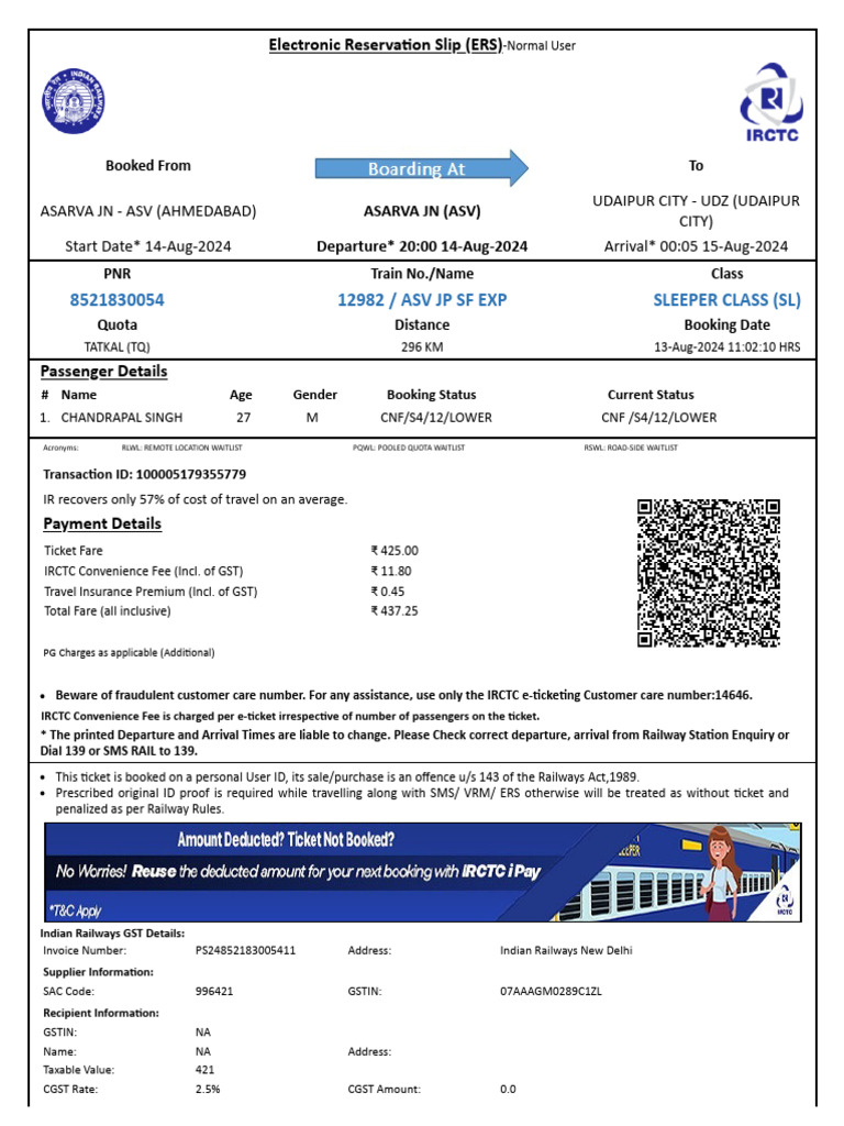 Asv JP SF Exp Sleeper Class (SL) : Electronic Reserva On Slip (ERS) | PDF