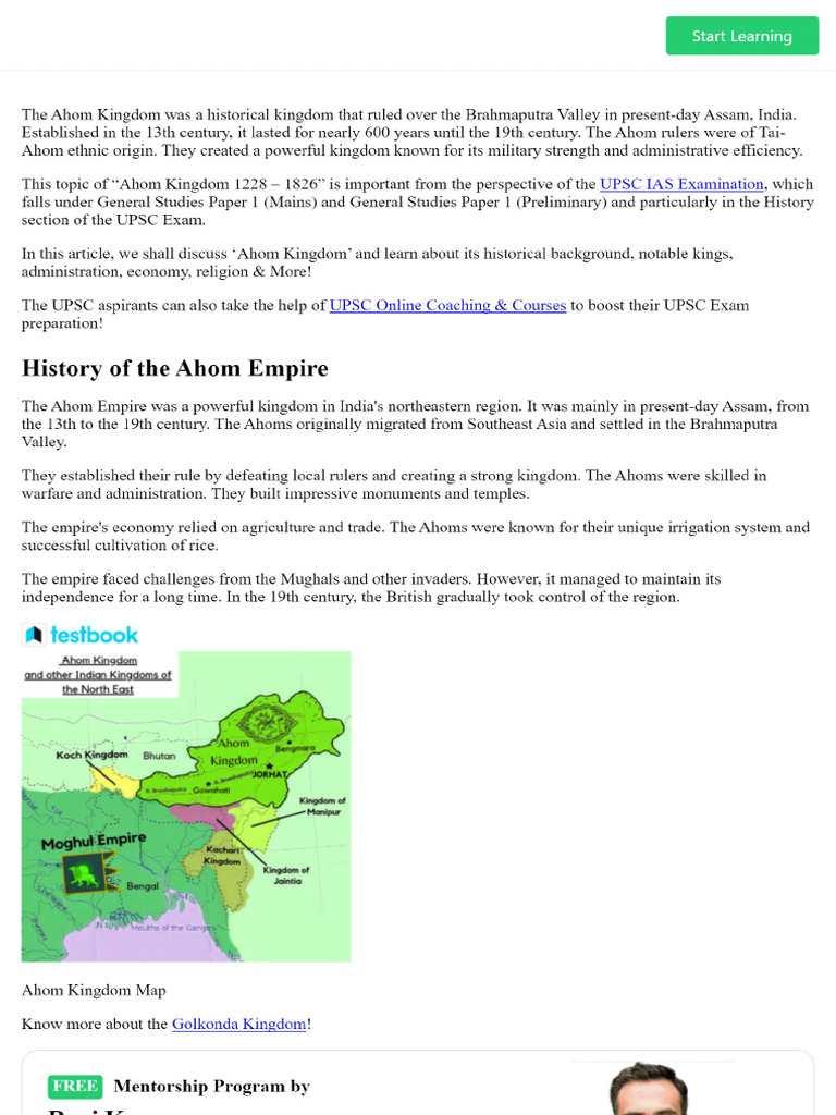 Ahom Kingdom (1228 - 1826) - Major Rulers & Life Under Ahoms | PDF