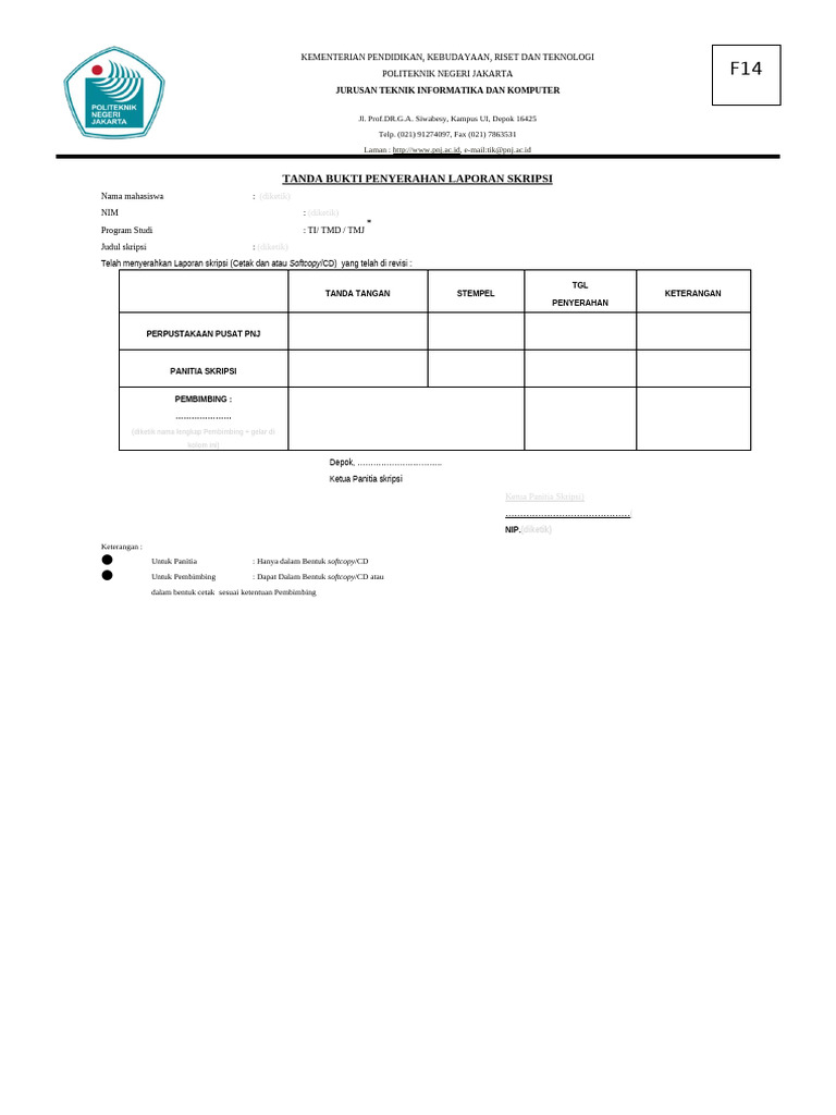 F14-Tanda Bukti Penyerahan Laporan Skripsi | PDF