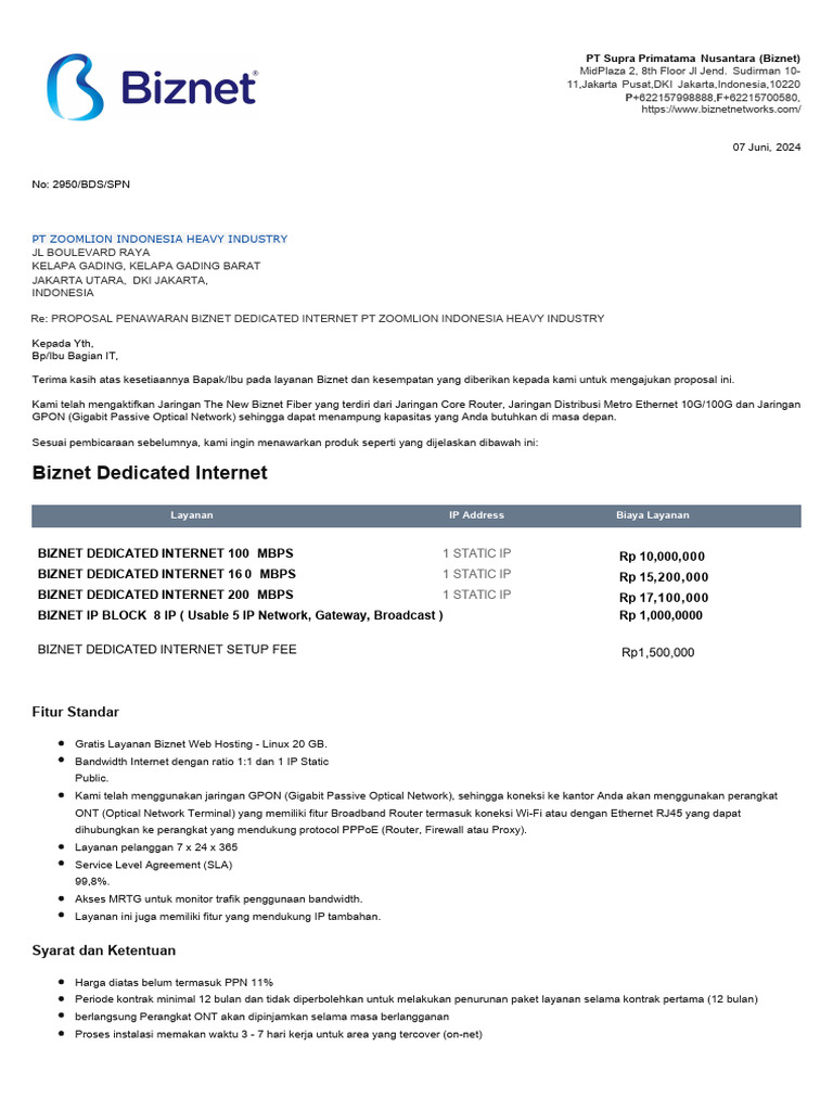 QT - Penawaran Biznet Dedicated Internet P | PDF