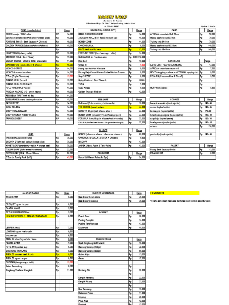 Honey Loaf Price List Jun 2024 | PDF