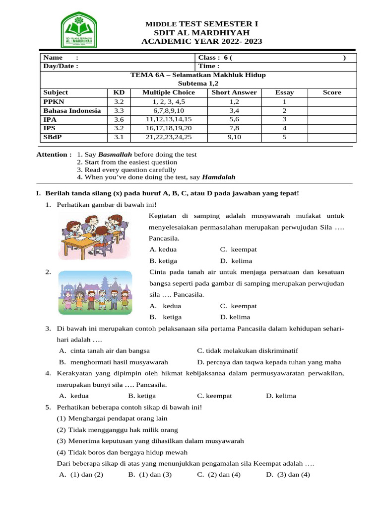 Soal PTS I Tema 6a Sub 1,2 (Fix) | PDF