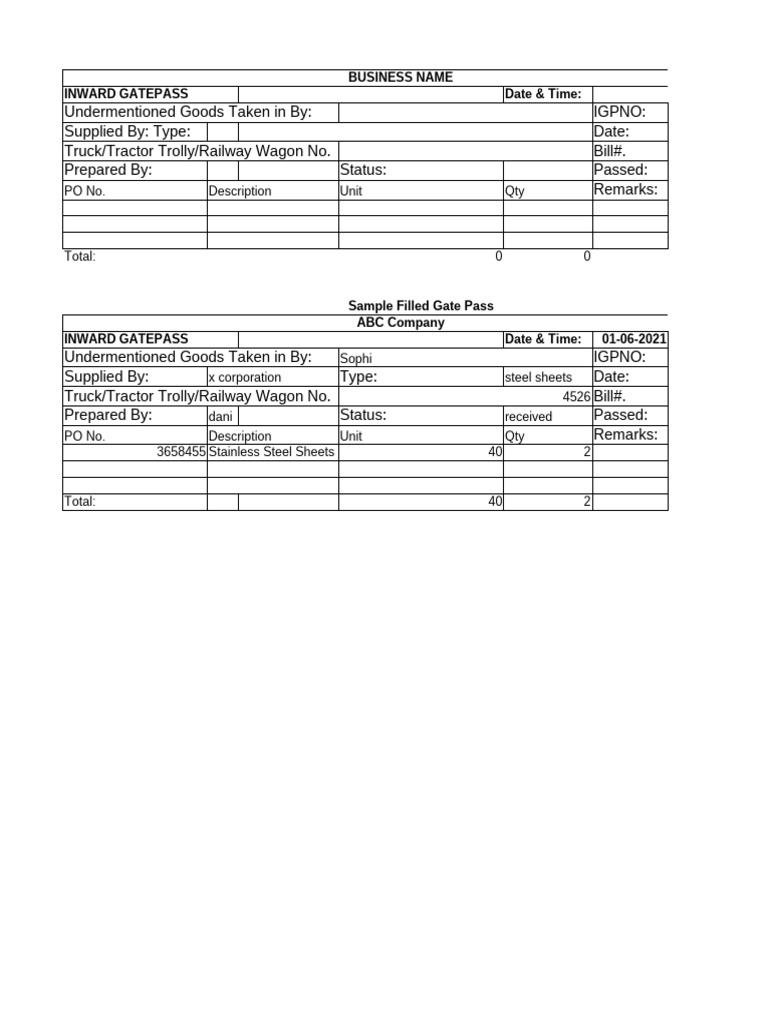 Inward, Outward Gate Pass Format For Companies, ERP, Etc in MS Excel ...