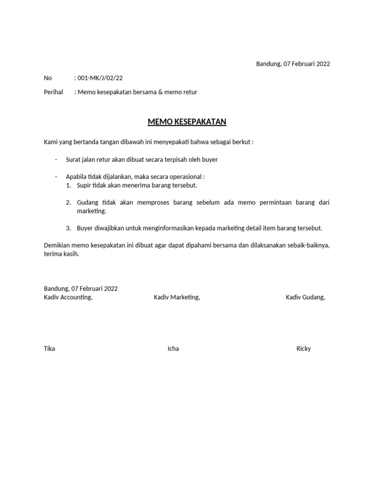 Memo Kesepakatan Retur Barang | PDF