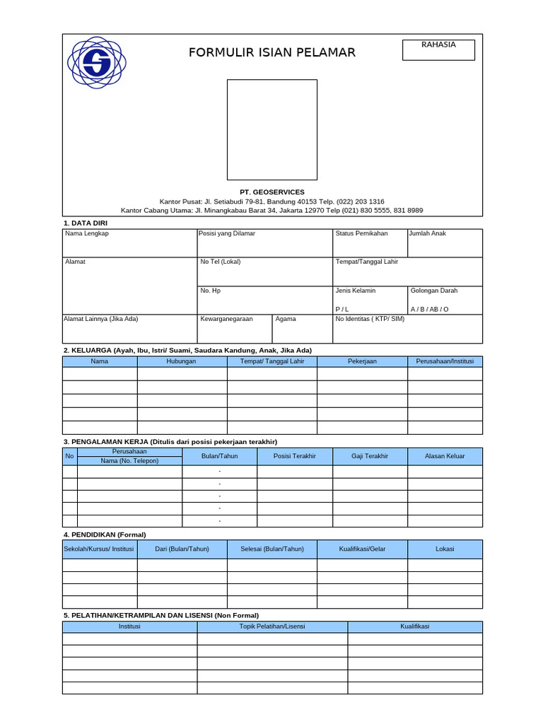 FORM HR 01-03 Formulir Isian Pelamar Geoservices | PDF
