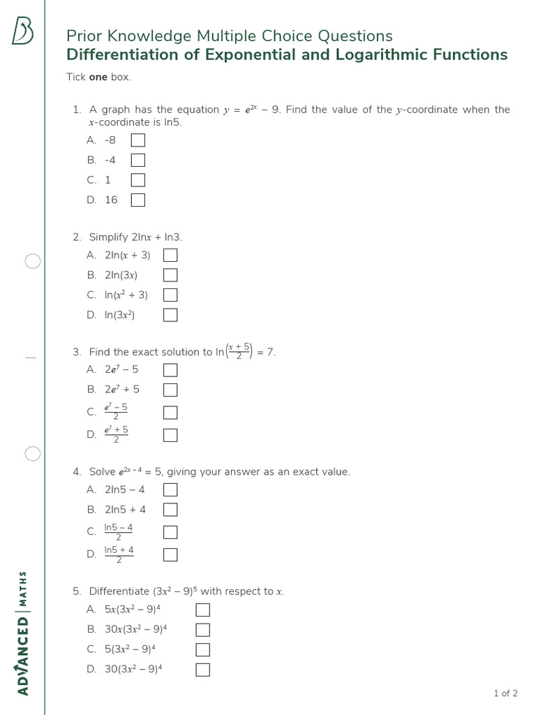 Prior Knowledge Differentiation of Exponential and Logarithmic Functions | PDF
