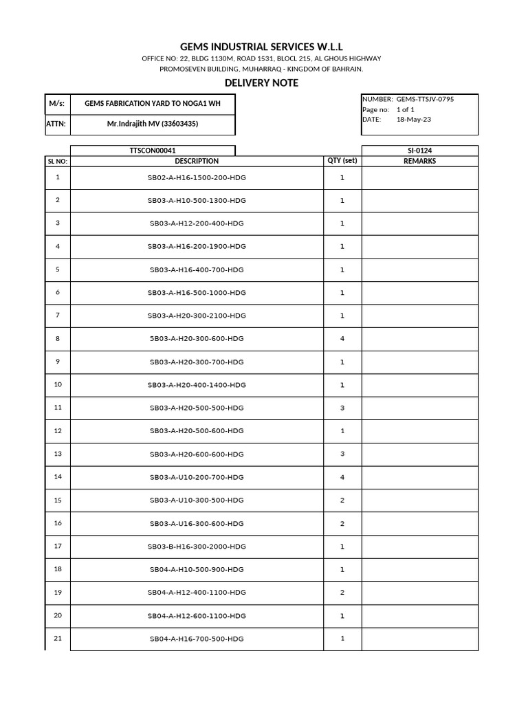 Delivery Note Gems TTSJV 0795 | PDF