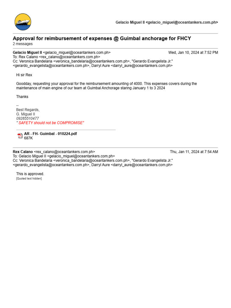 Ocean Tankers Mail - Approval For Reimbursement of Expenses at Guimbal ...
