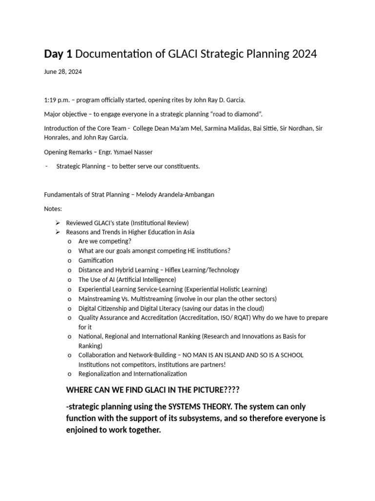 Day 1 Documentation of GLACI Strategic Planning 2024 | PDF