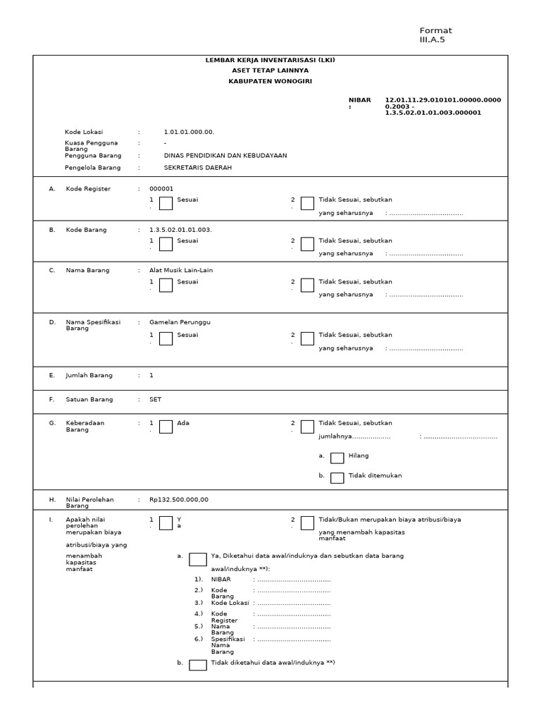 Format e Aset Tetap Lainnya (IIIA5) | PDF