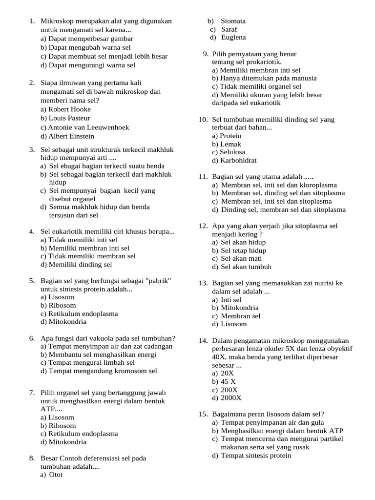 Soal Harian Ulangan Pengenalan Sel Kelas 8 | PDF