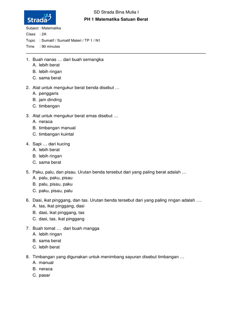 Matematika - PH 1 Matematika Satuan Berat - Question | PDF