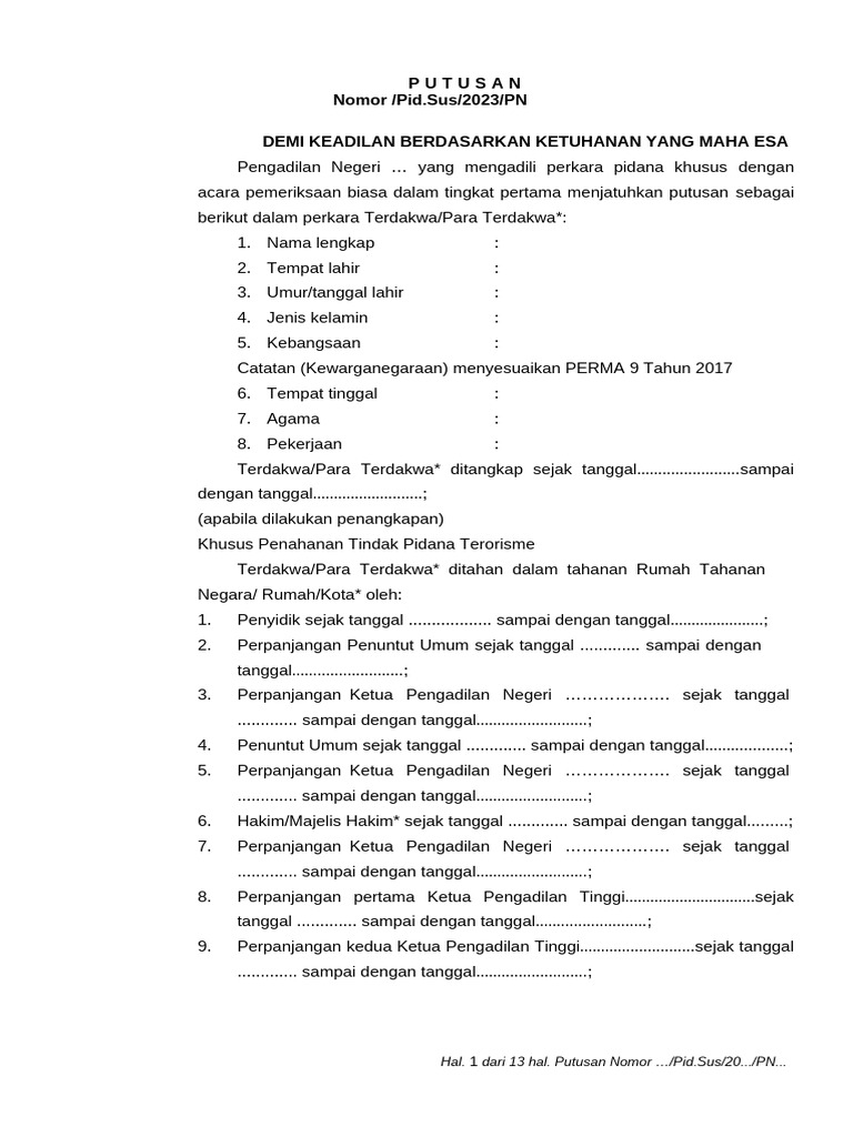 Template Putusan Pidana Bebek | PDF | Ilmu Sosial | Hukum